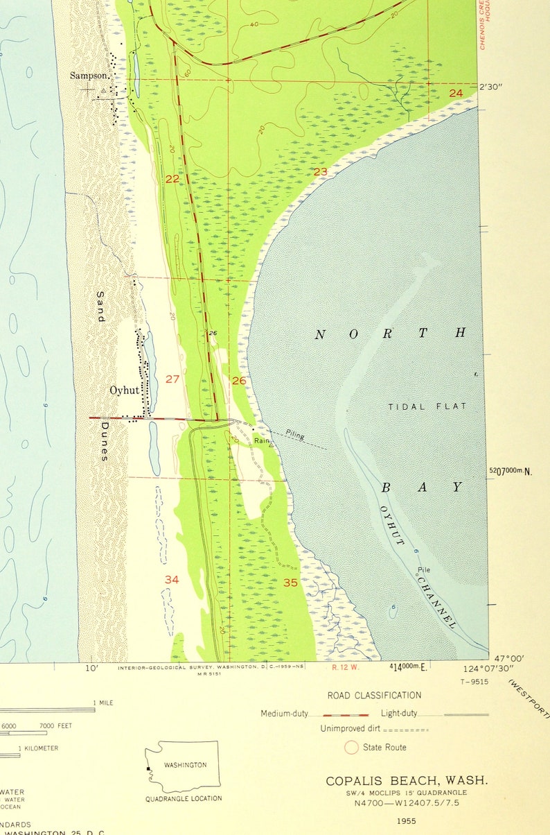 Copalis Beach Map of Ocean City Washington Print Wall Decor LARGE State ...