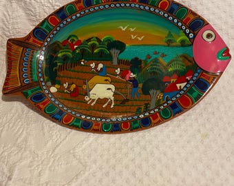 Mexican Folk Art Clay Pottery Hand Painted Fish Story Plate Wall Art 10 ...