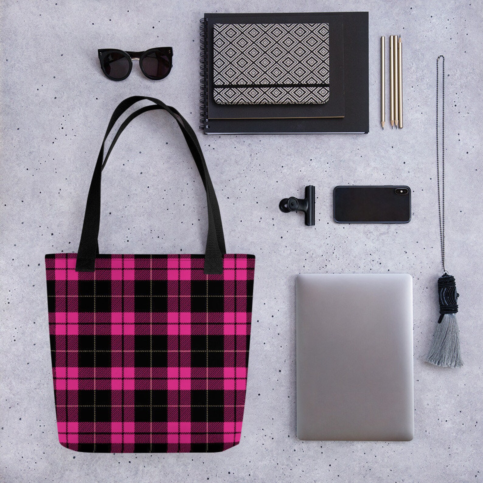 Preppy Pink and Black Plaid Tote Bag Hand Sewn Tote Bag - Etsy