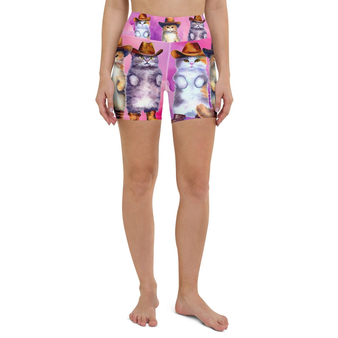 Adorable Watercolor Cowboy Cats Fun Cat High Waist Hand Sewn Yoga ...