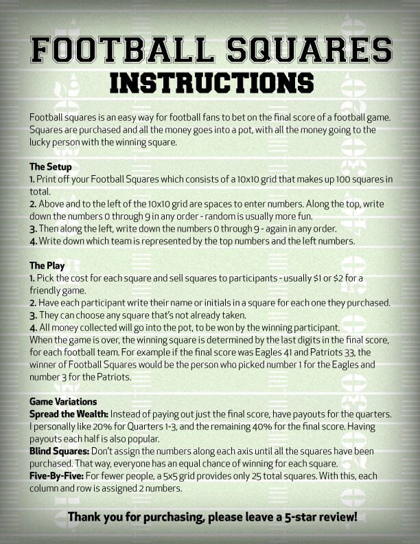 4-Quarter Football Squares Download & Print ANY Football | Etsy