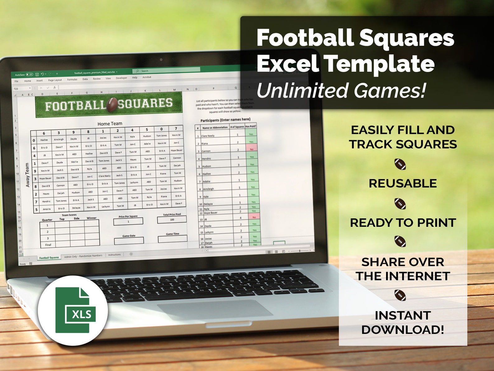 Football Squares Excel Template (unlimited Games) - Football Pool Excel ...