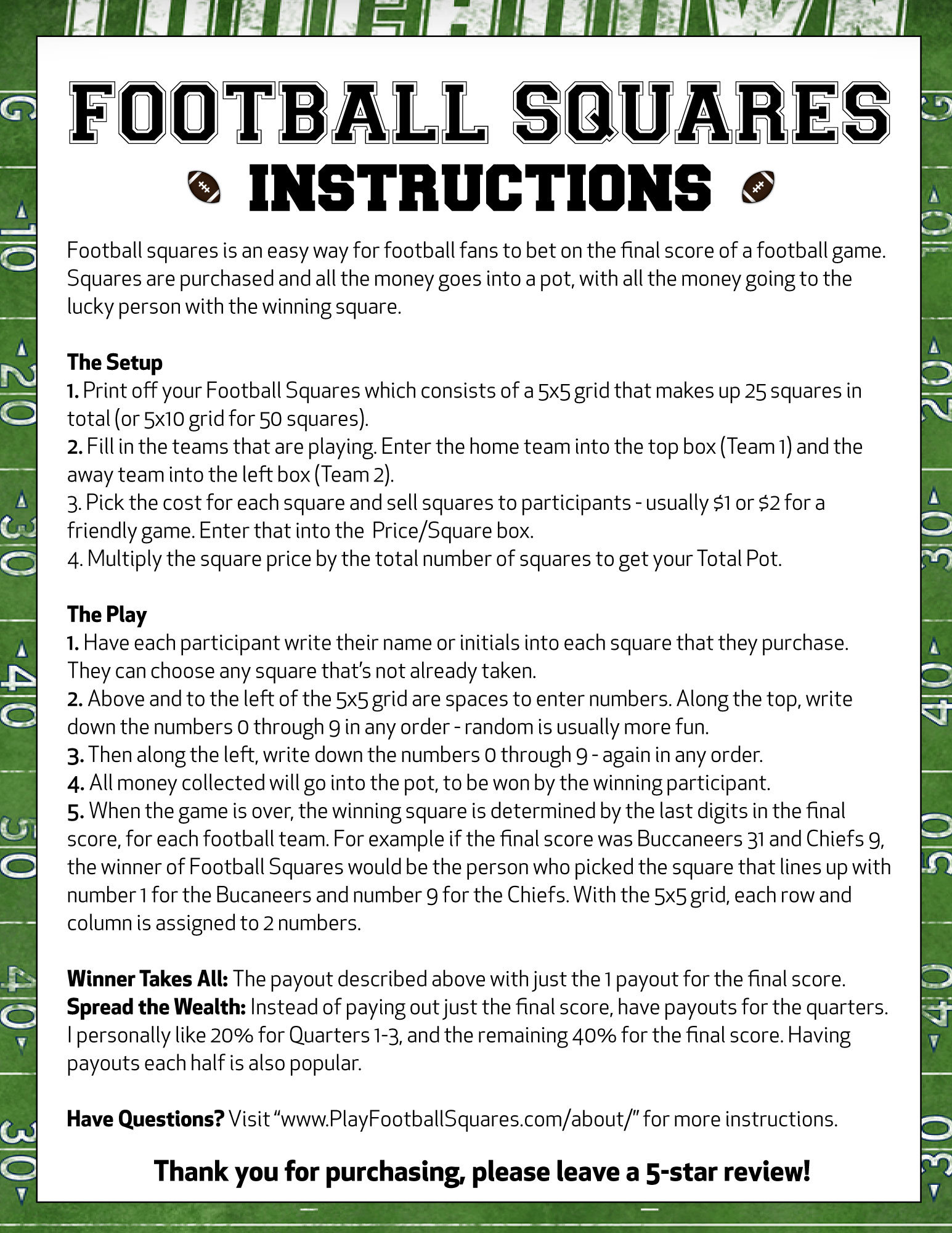 5x5 Football Squares (25 Squares) - Download & Print - ANY Football ...