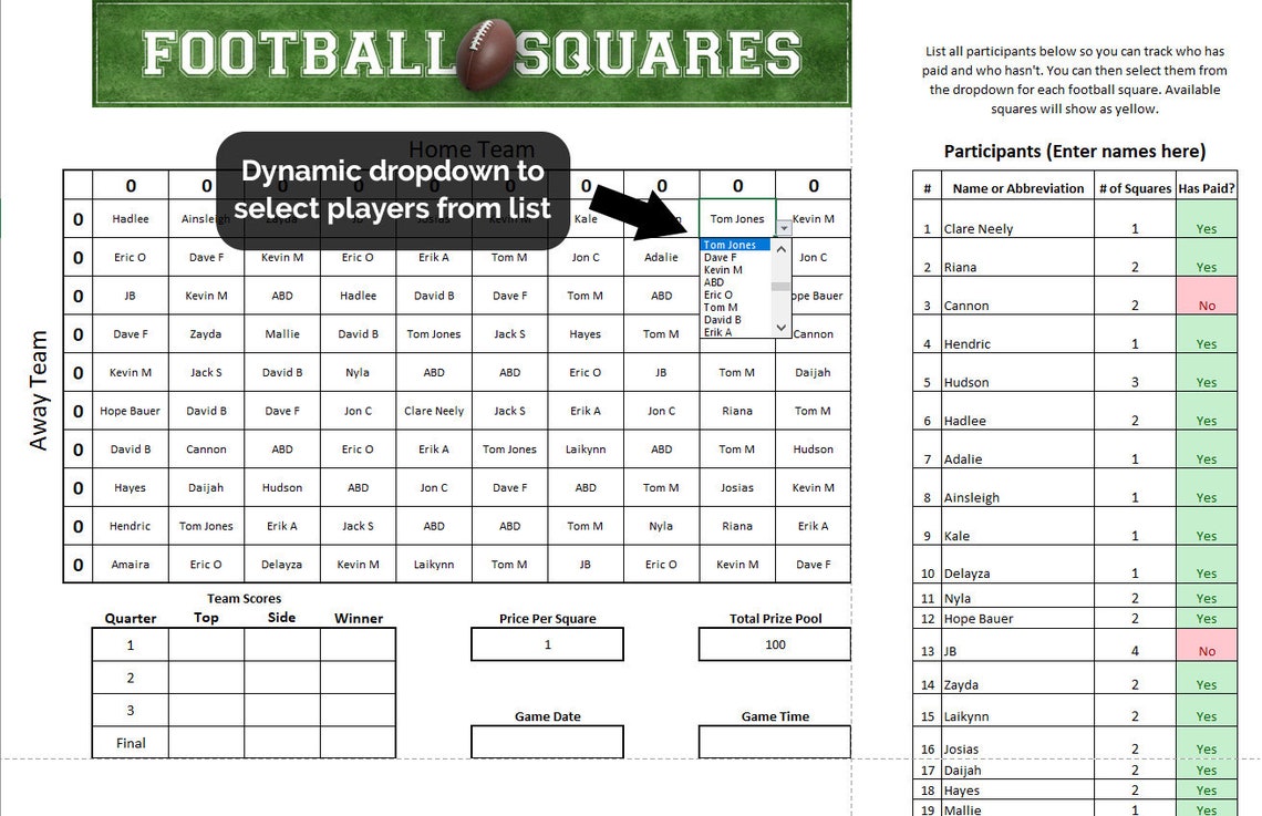 Football Squares Excel Template (unlimited Games) - Football Pool Excel ...