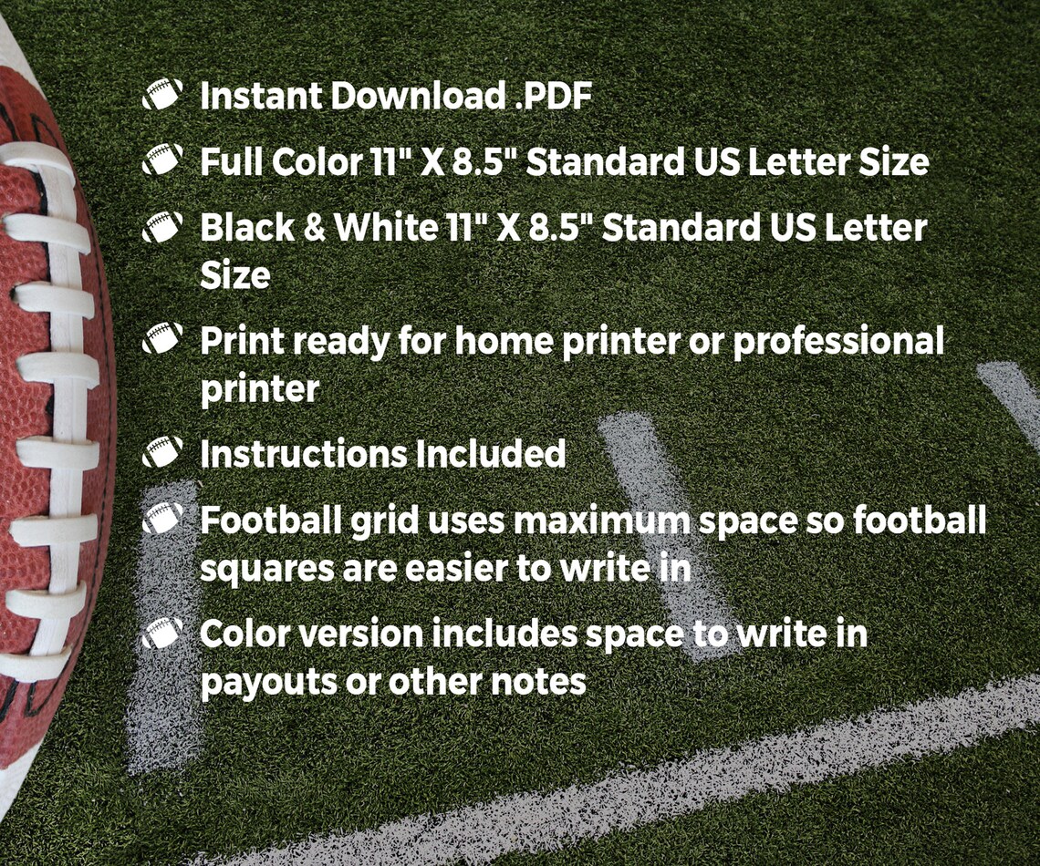 Printable Football Squares - 4 Quarter Payouts - 11x8.5" Download ...