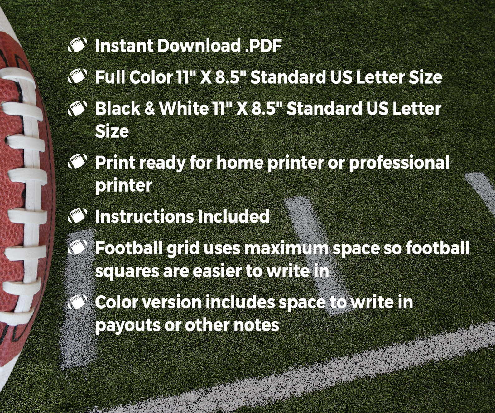 Printable Football Squares - 4 Quarter Payouts - 11x8.5" Download ...