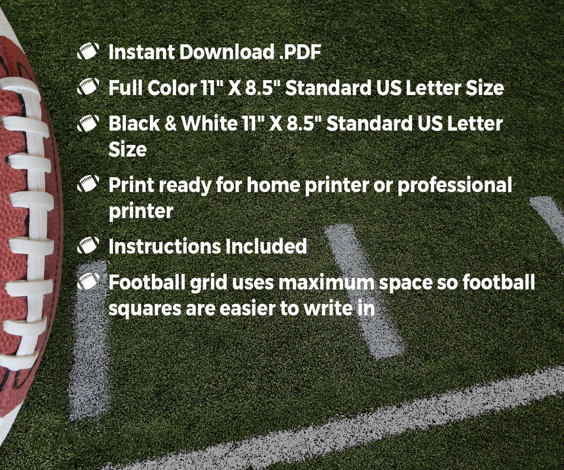 Printable Football Squares - 4 Quarter Payouts - 8.5x11" Download ...