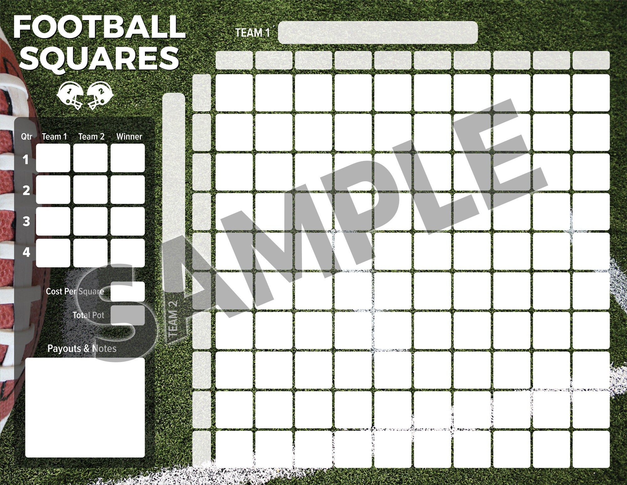 Printable Football Squares - 4 Quarter Payouts - 11x8.5" Download ...