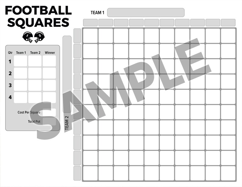 Printable Football Squares - 4 Quarter Payouts - 11x8.5" Download ...