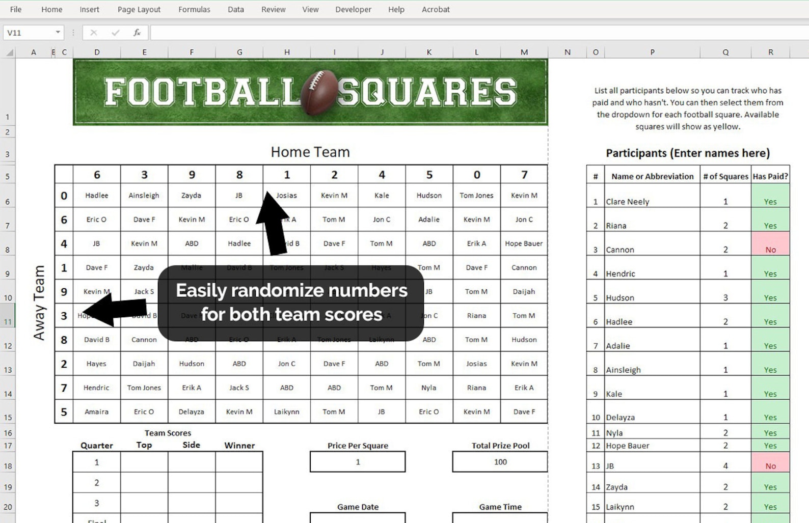 Football Squares Excel Template (unlimited Games) - Football Pool Excel ...