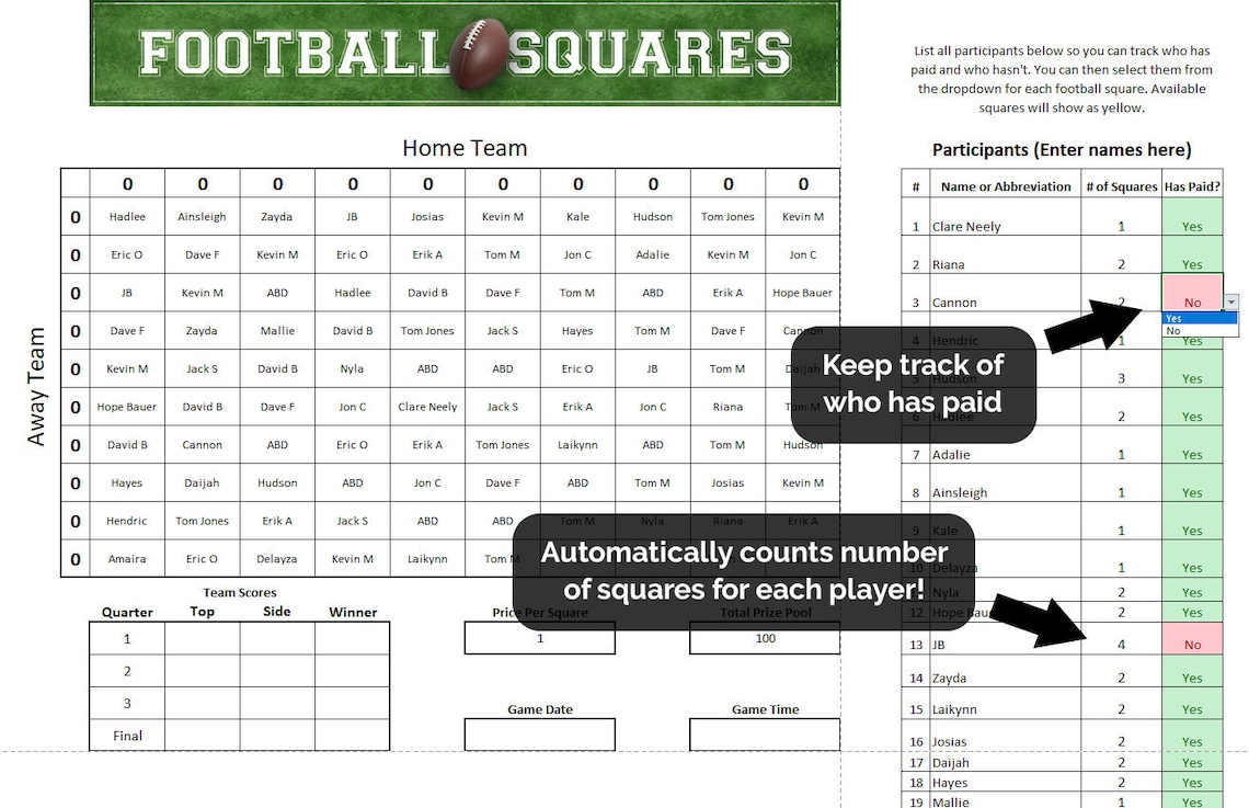 Football Squares Excel Template (unlimited Games) - Football Pool Excel ...