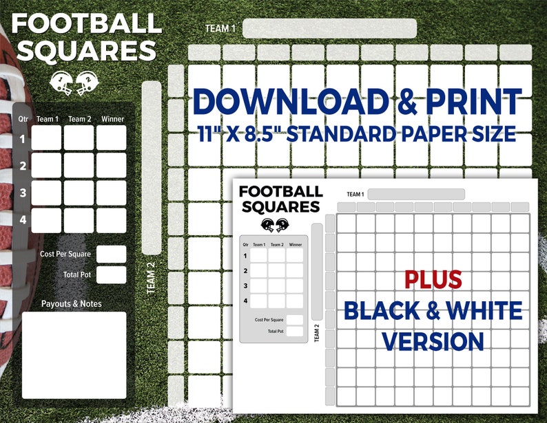 Printable Football Squares - 4 Quarter Payouts - 11x8.5" Download ...