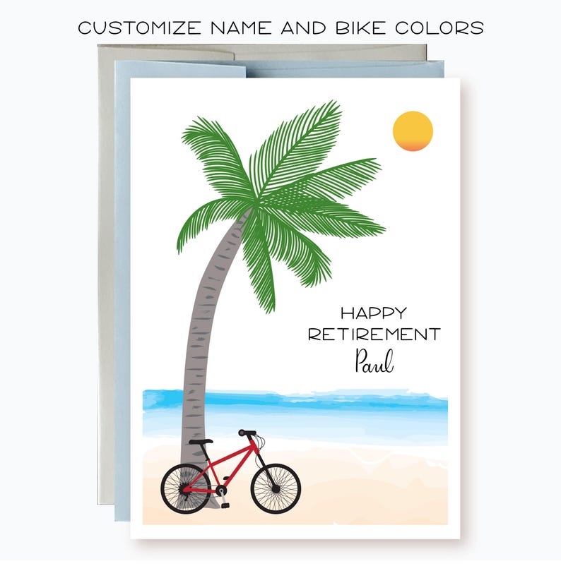 Personalized Happy Retirement Card, Palm Tree, Bike and Beach Custom ...