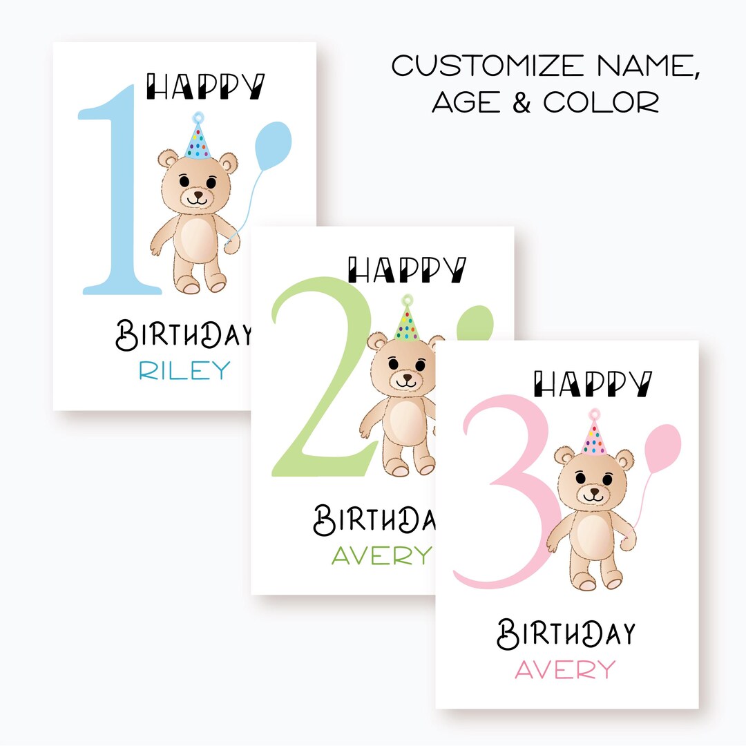 Personalized Bear Birthday Card: Custom Name & Age - Etsy