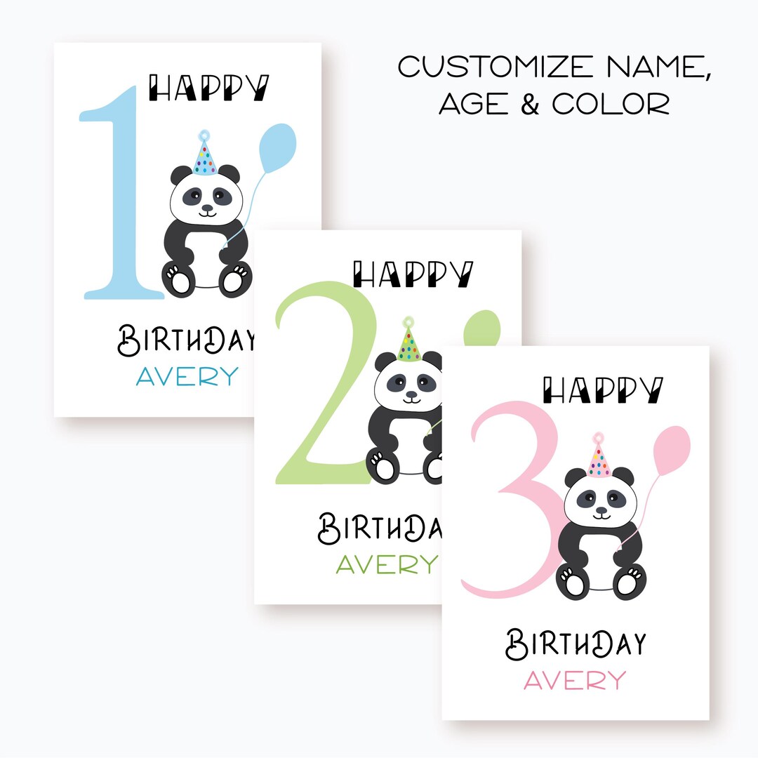 Panda Birthday Card, Personalize Age and Name, Kids Balloon Birthday ...
