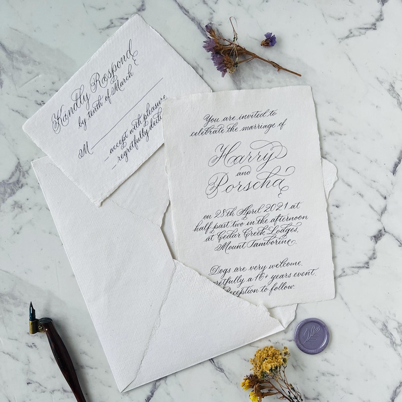 Handwritten Calligraphy Wedding Invitation on Deckled Edge Card Fully ...