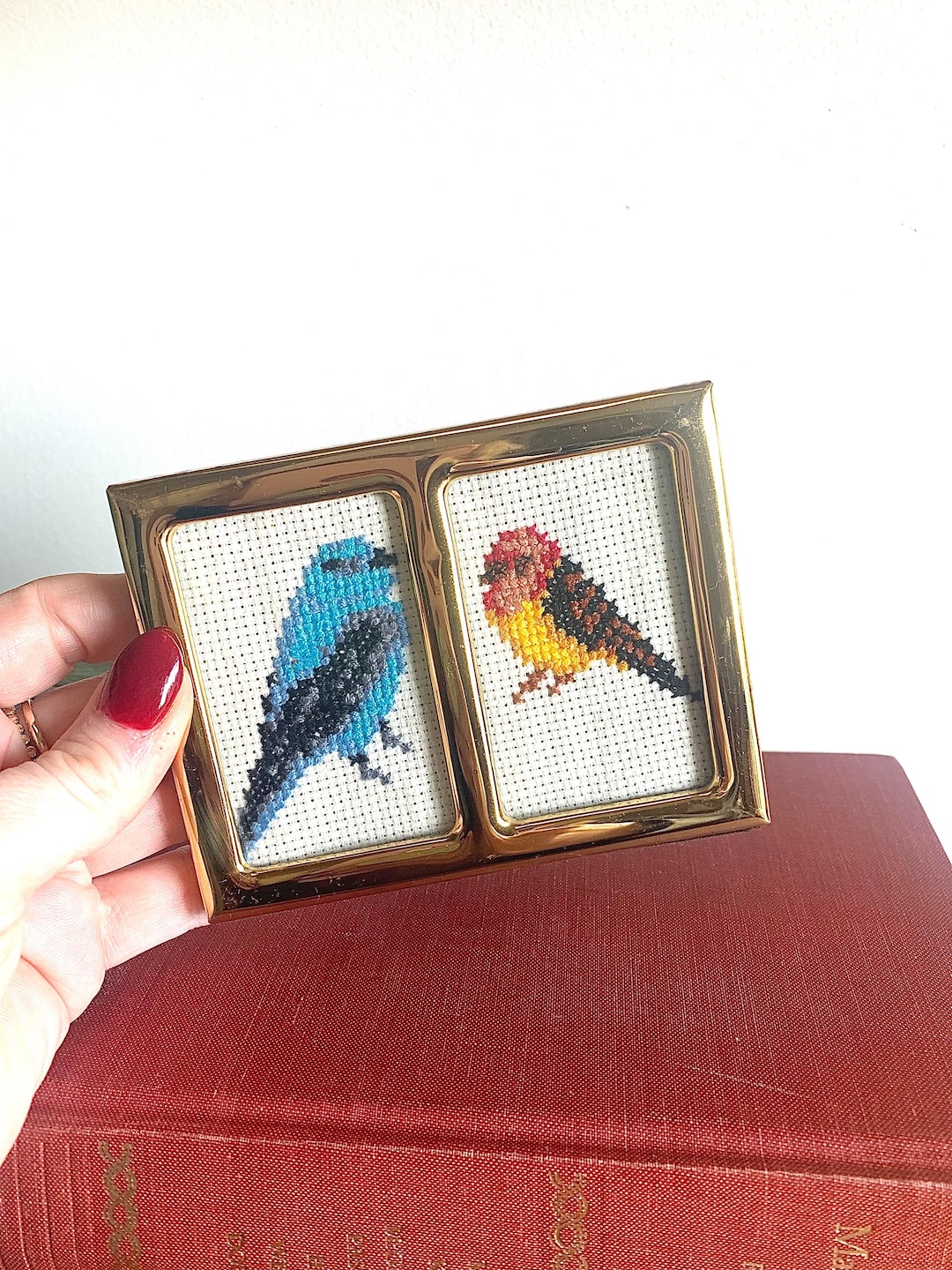 Vintage Brass Double Frame | Mini Cross Stitch Birds Art | Framed ...