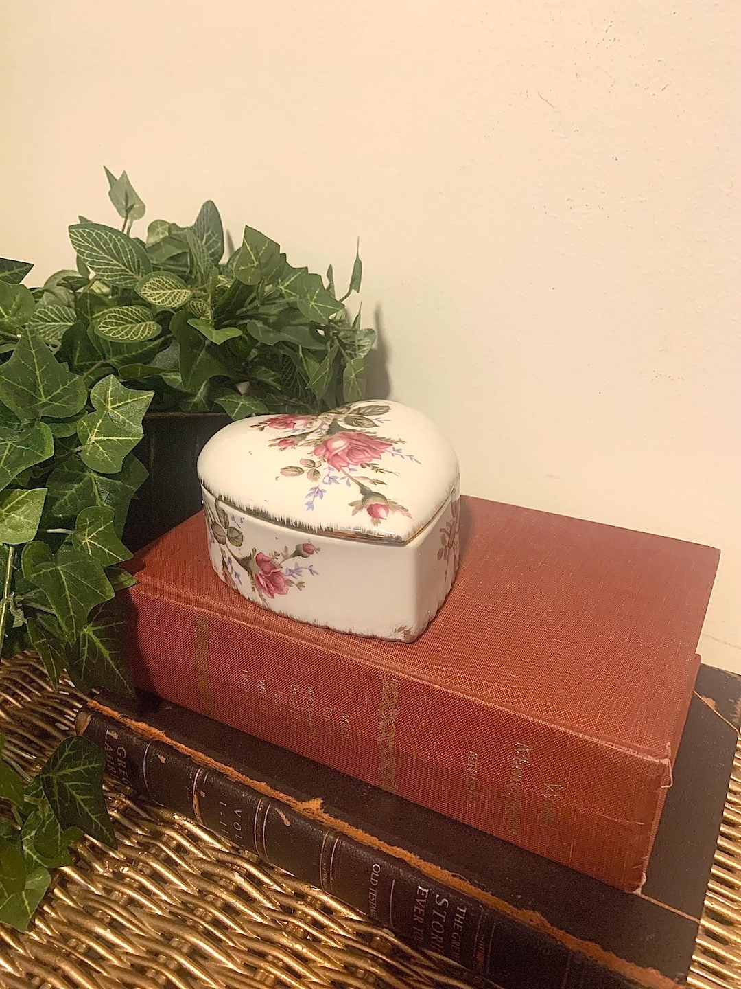 Vintage Porcelain Heart Trinket Box | Hand-painted Rose Romantic ...
