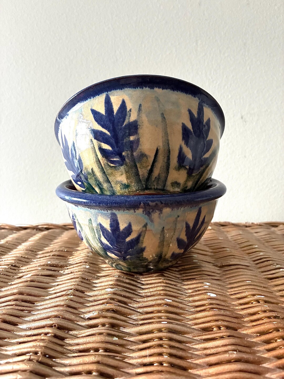 Vintage Floral Bowls: Blue Hand Painted | Mid Century Ceramic Pottery ...