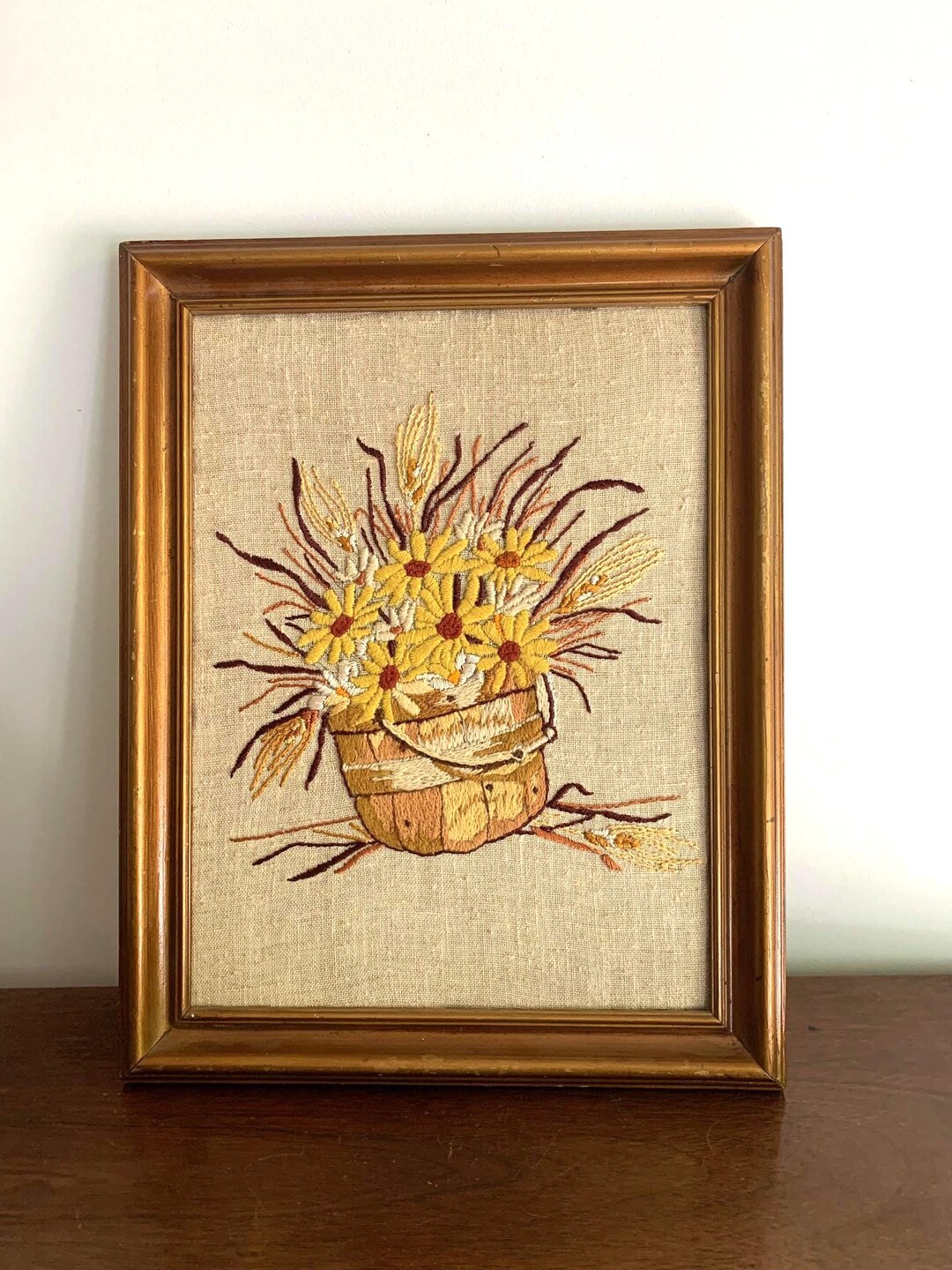 Vintage Needlepoint: Floral Crewl | Red + Yellow Rustic Wall Art | Mid ...
