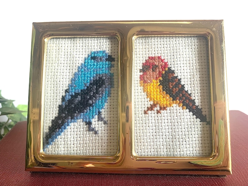 Vintage Brass Double Frame | Mini Cross Stitch Birds Art | Framed ...