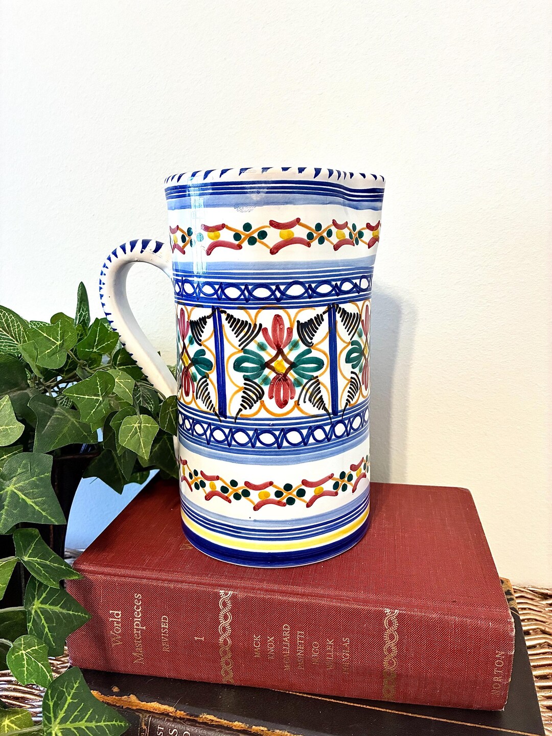 Vintage Hand Painted Blue White Floral Pitcher | Spanish European ...