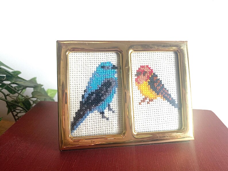 Vintage Brass Double Frame | Mini Cross Stitch Birds Art | Framed ...