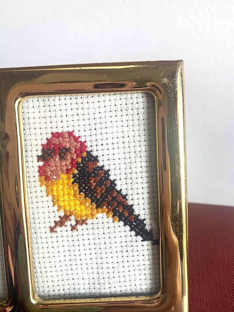 Vintage Brass Double Frame | Mini Cross Stitch Birds Art | Framed ...