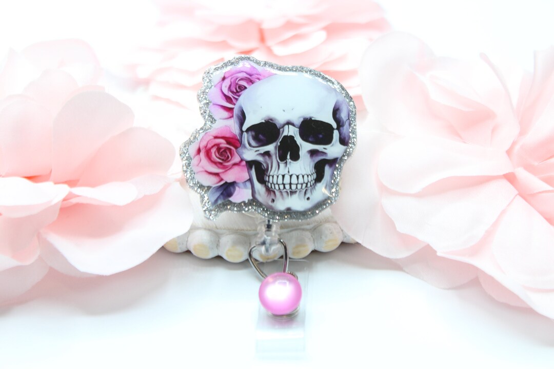 Skull Badge Reel, Skull With Flowers, Floral Skull, Cute Badge Reels ...