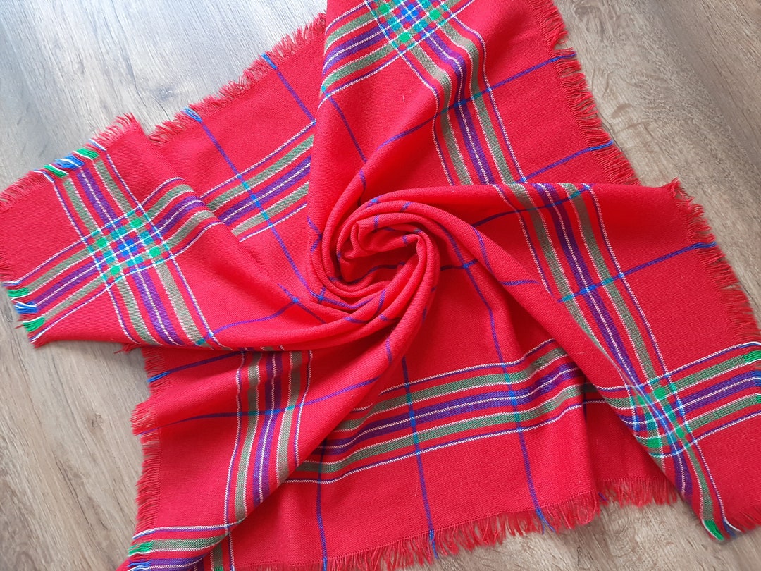Red Vintage Shawl With Blue Stripe Oversize Square Scarf Grandmother ...