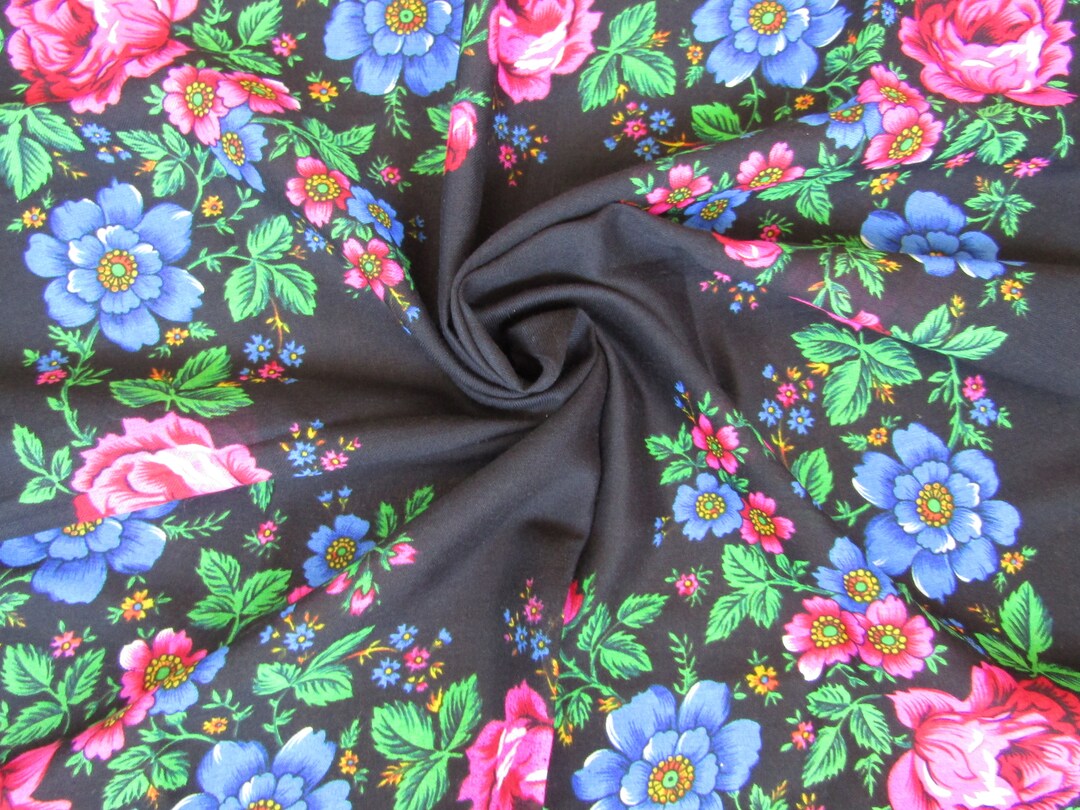 Ukrainian Square Bandana Wool Black Shawl With Burgundy Flower Vintage ...