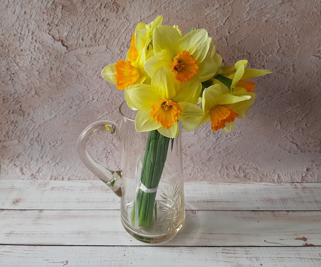 Vintage Ukrainian Clear Glass Pitcher Glass Flower Vase Carved Water ...