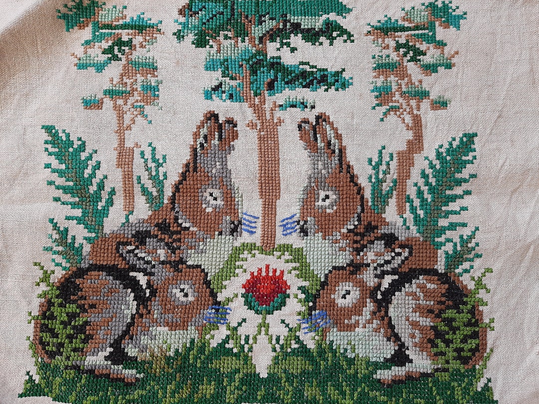 Hare Family on Large Vintage Ukrainian Embroidery - Rabbits on Cross ...