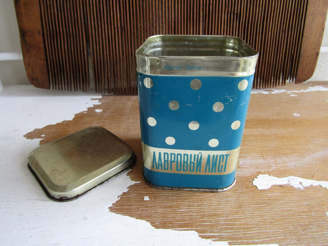 Vintage Soviet Blue Polka Dot Tin Box Kitchen Rustic Decor Blue White ...