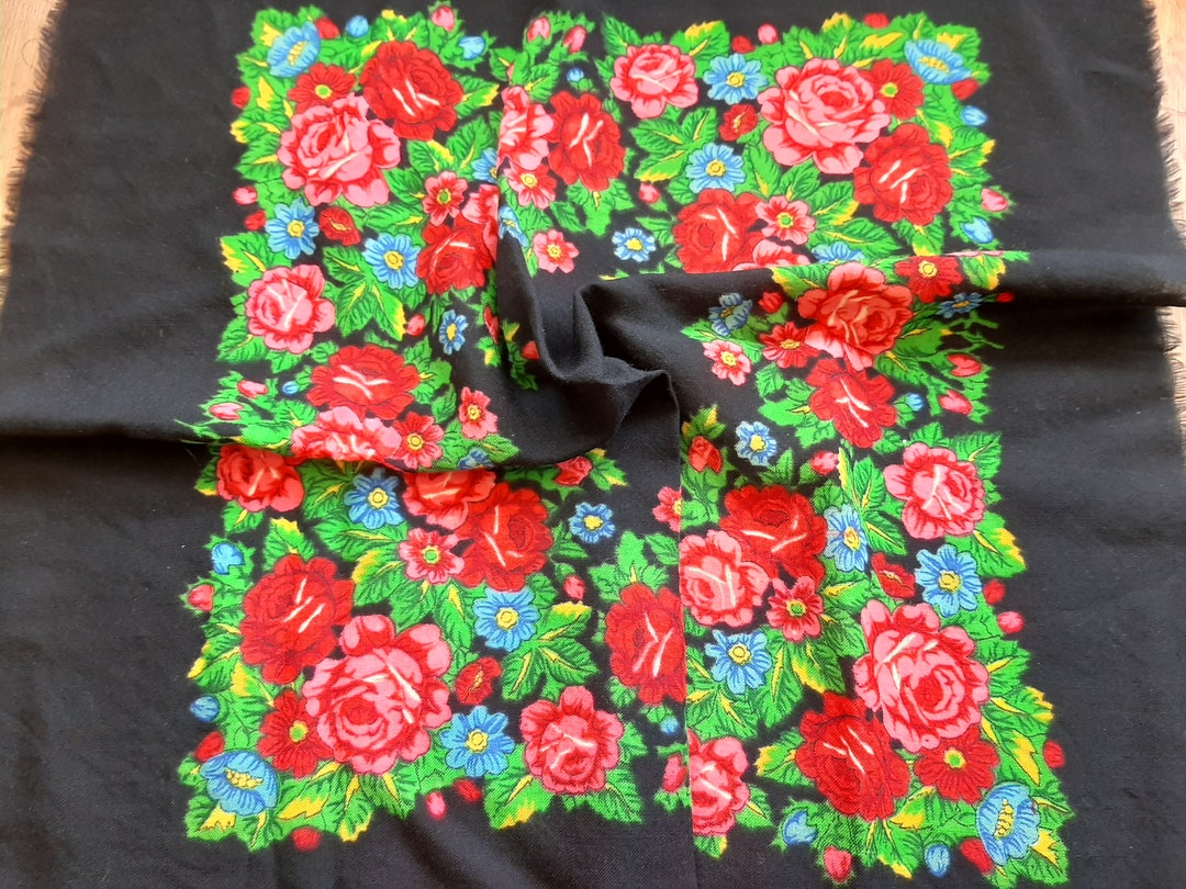Ukrainian Square Bandana - Woolen Vintage Oversize Floral Black Shawl ...