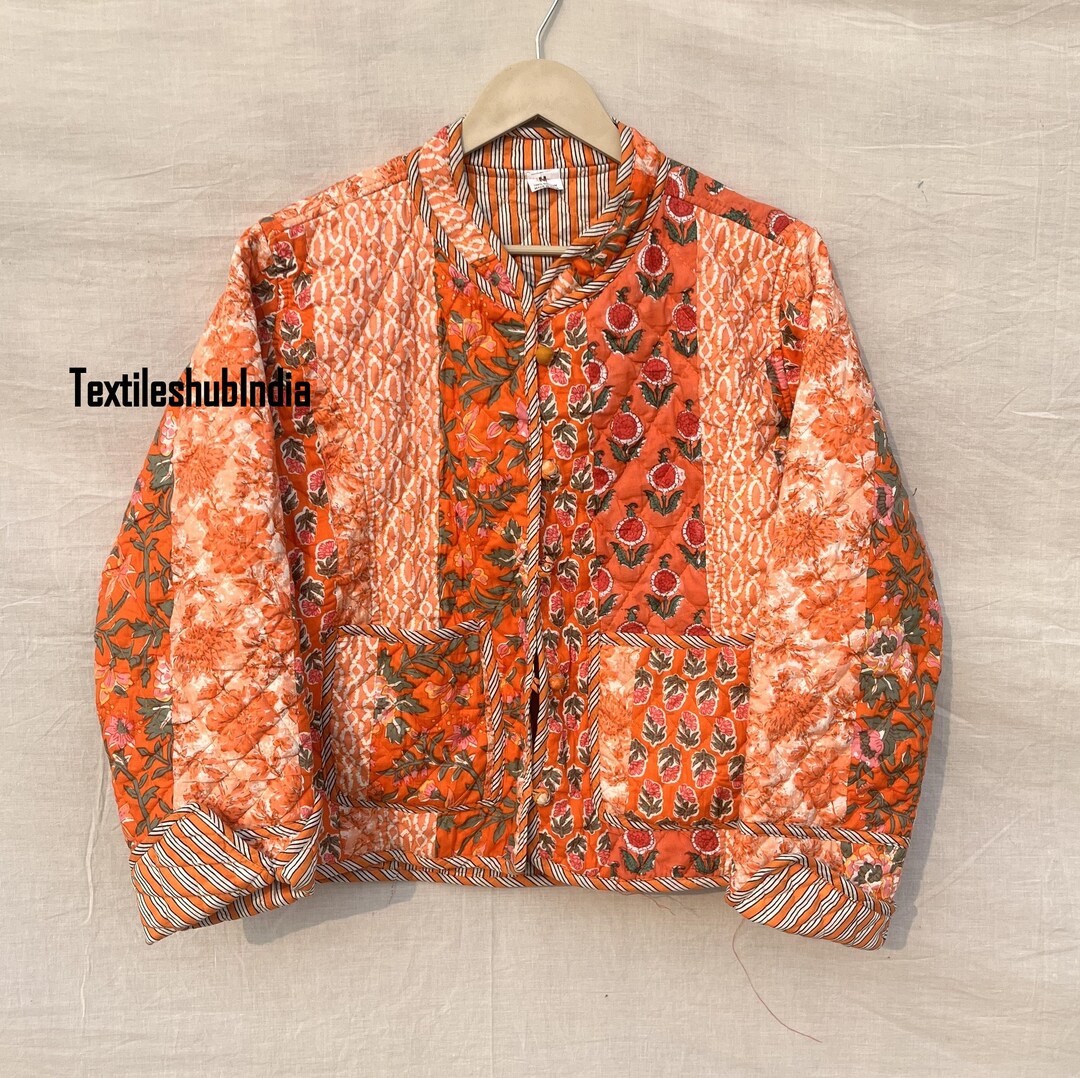 Indian Orange Floral Quilted Fluffy Jacket Cotton Jacket Women Clothing ...