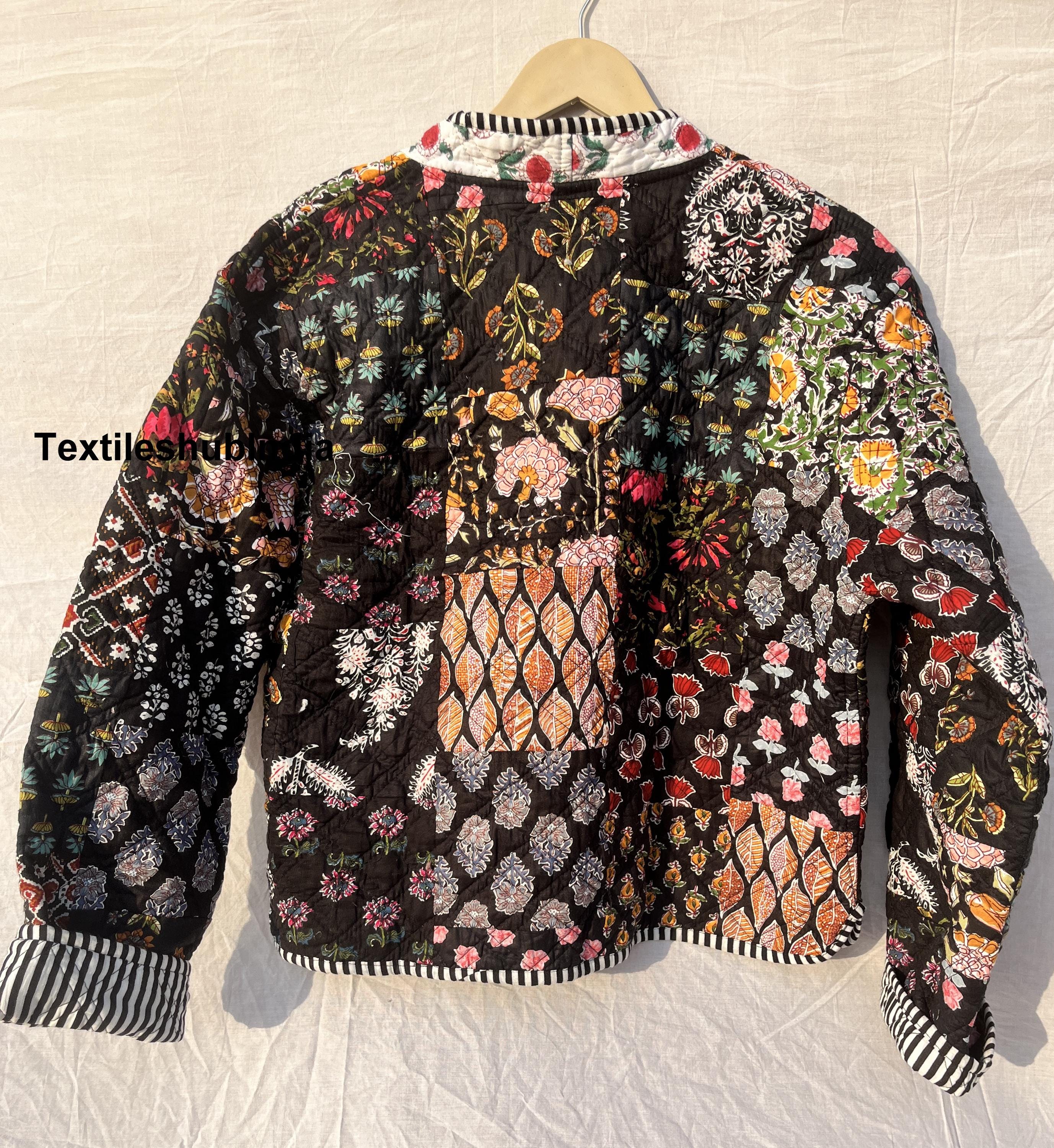 Indian Patchwork Quilted Cotton Jacket: Black Floral Print - Etsy