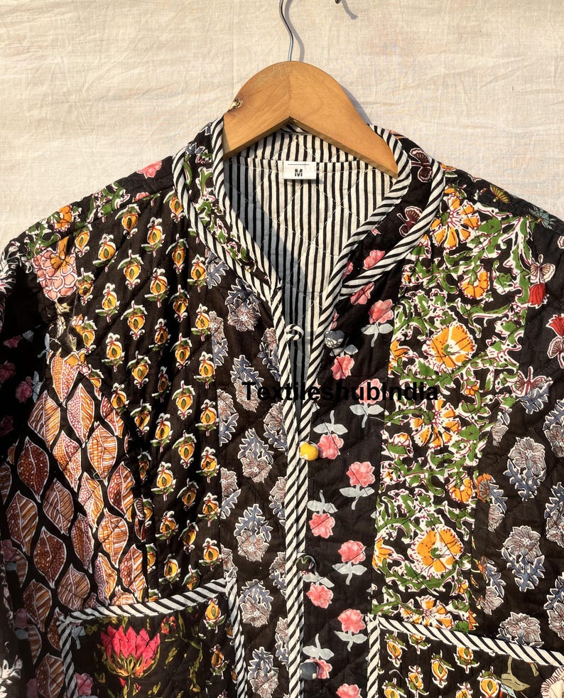Indian Patchwork Quilted Cotton Jacket: Black Floral Print, Women's ...