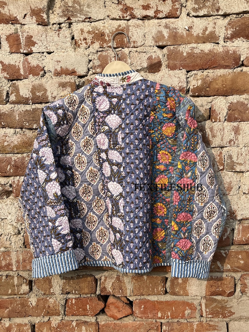 Blue Patchwork Print Quilted Cotton Jacket: Bohemian Floral Boho Coat ...