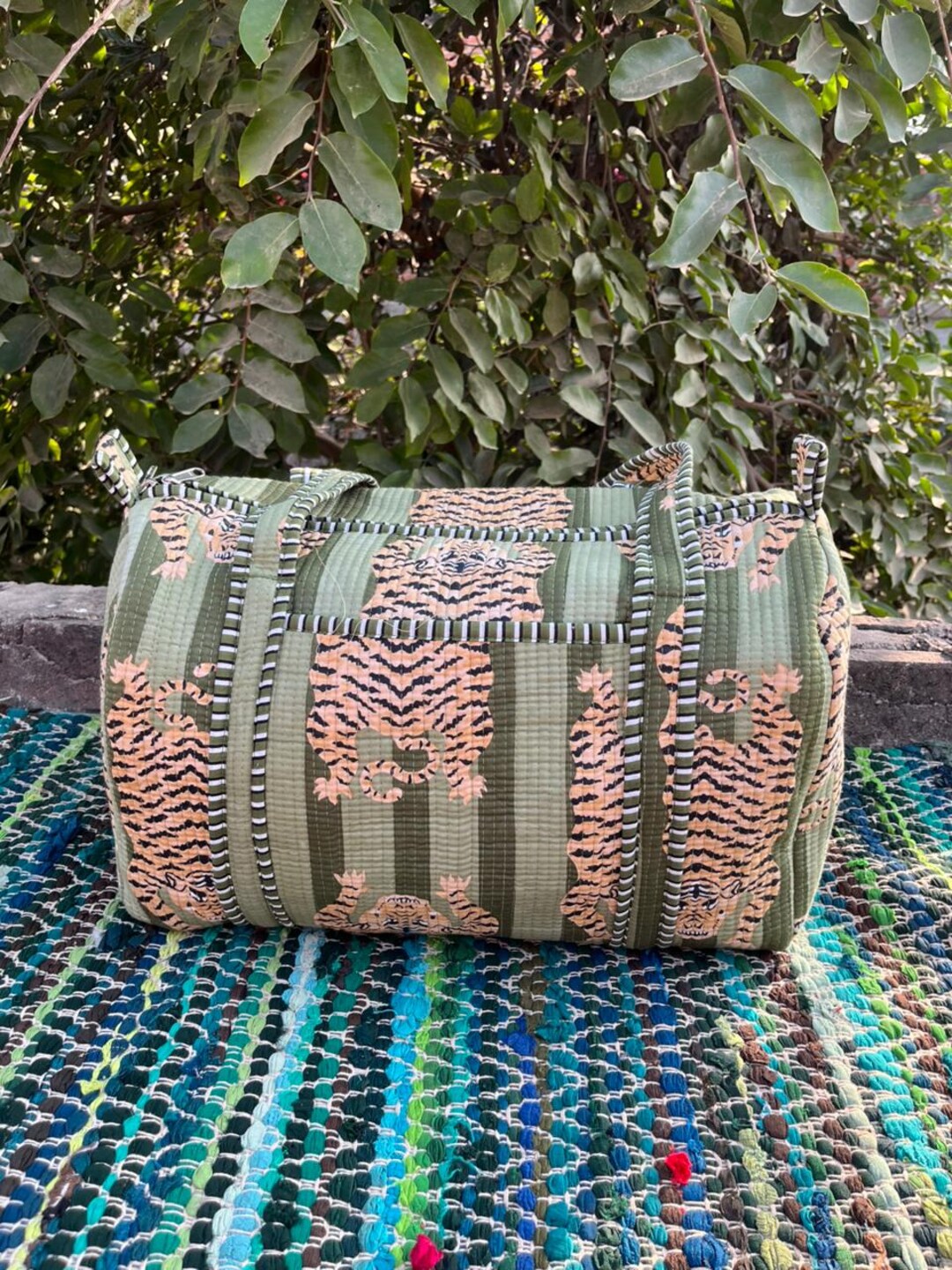 Green Tiger Block Printed Cotton Duffle Bag: Quilted Weekender Travel ...