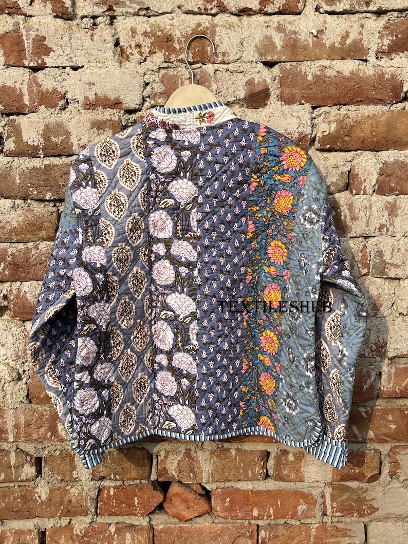 Blue Patchwork Print Quilted Cotton Jacket: Bohemian Floral Boho Coat ...