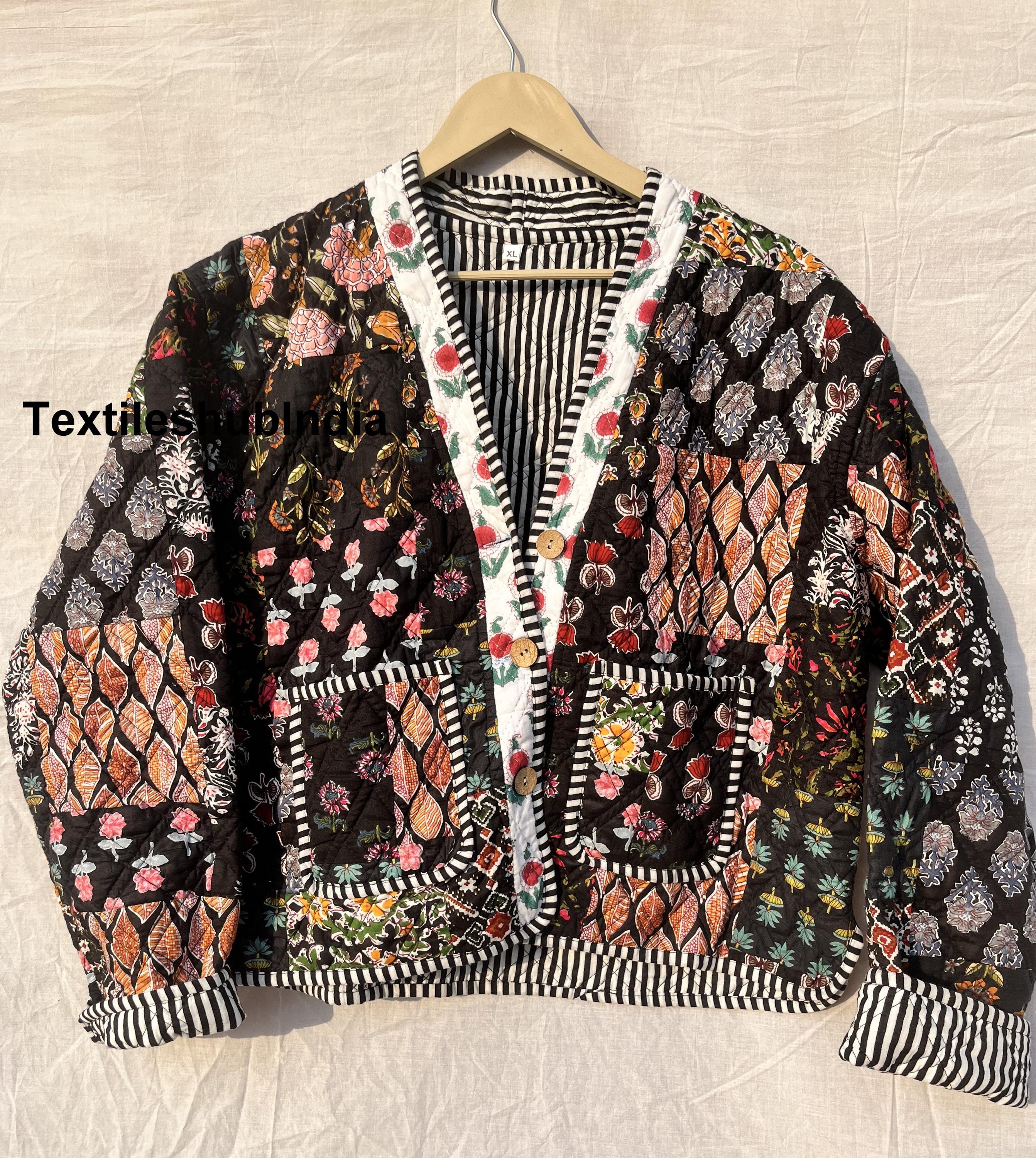 Indian Patchwork Quilted Cotton Jacket: Black Floral Print - Etsy