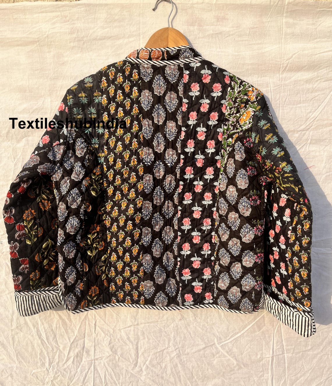 Indian Patchwork Quilted Cotton Jacket: Black Floral Print, Women's ...