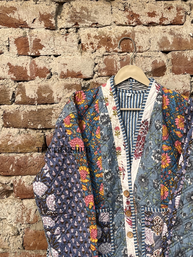 Blue Patchwork Print Quilted Cotton Jacket: Bohemian Floral Boho Coat ...