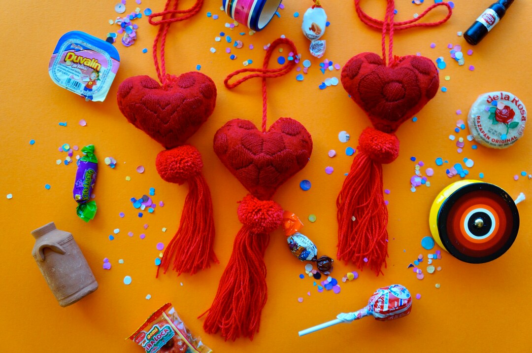 Heart Pom Pom | Mexican Valentine's Day | Red Heart Tassel | Valentine ...