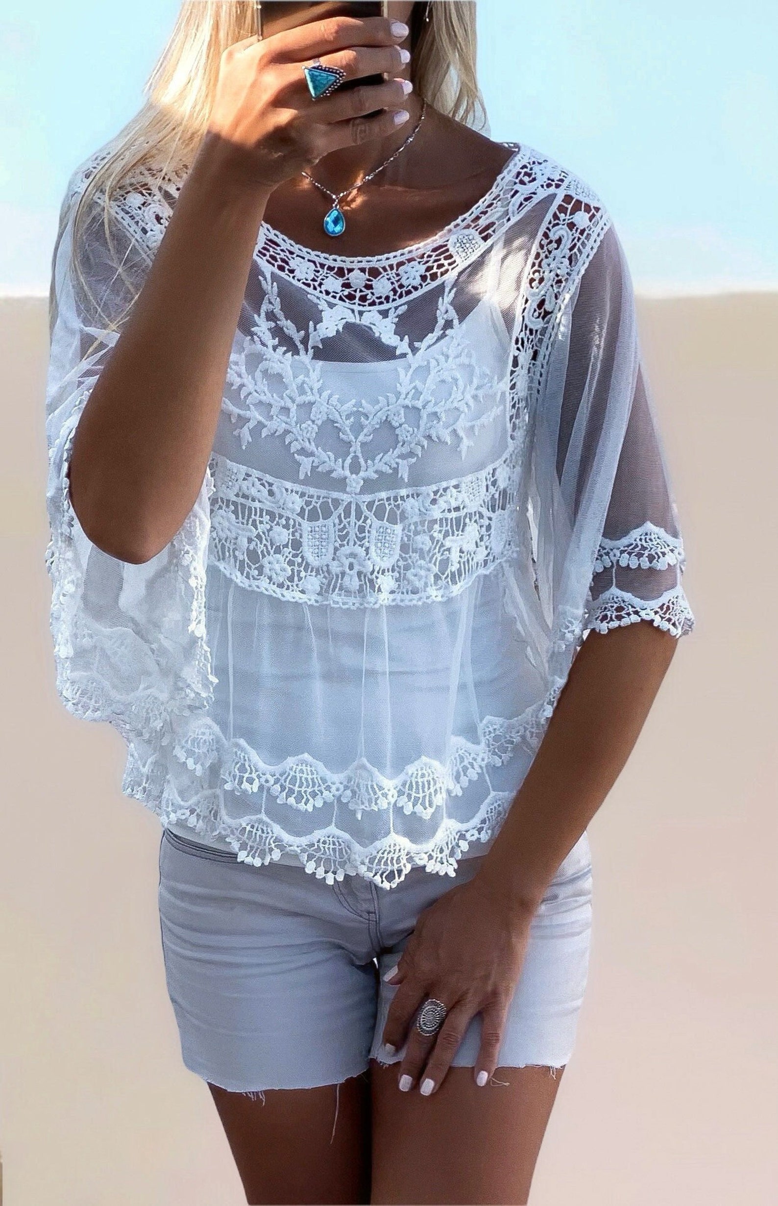 Boho White Lace Top, Bohemian Sheer Lace Kaftan, Ibiza Adlib Fashion - Etsy