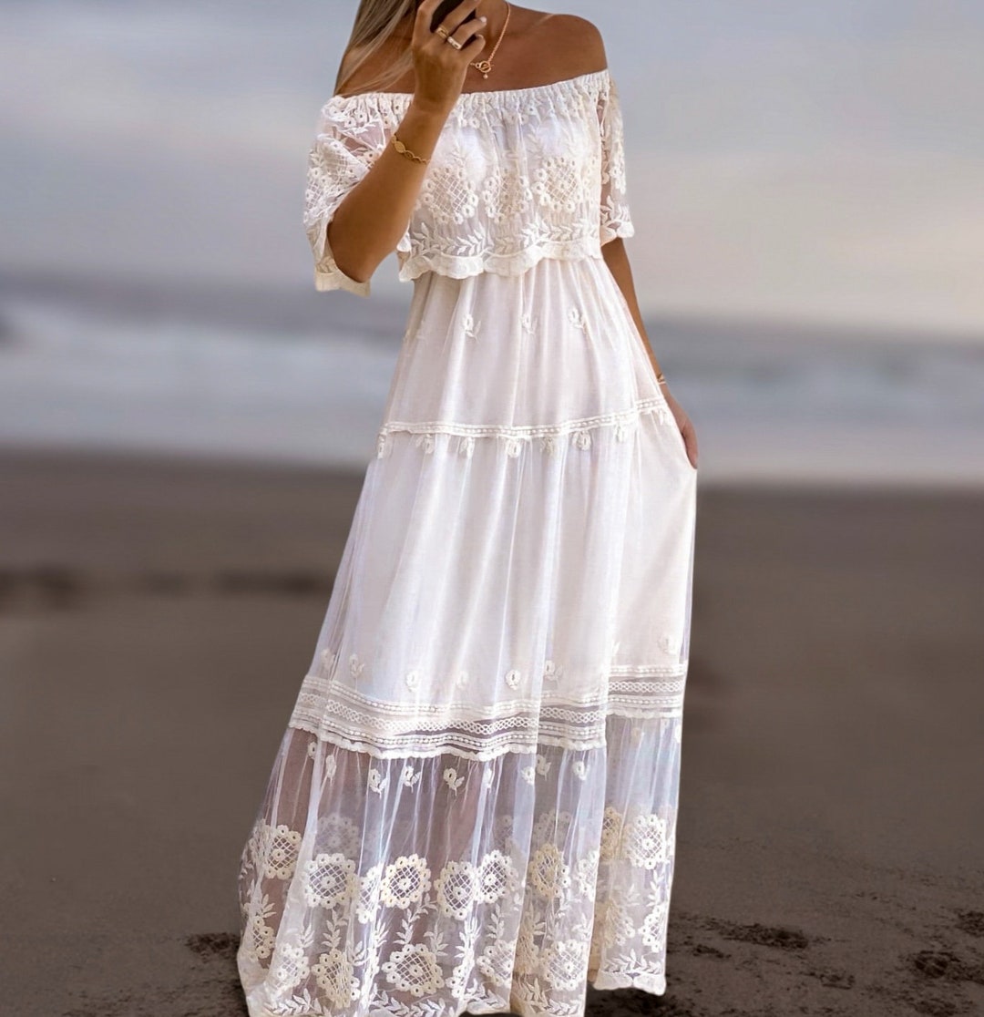 Lace Boho Wedding Dress: Bardot Neckline Tulle Maxi Dress - Etsy