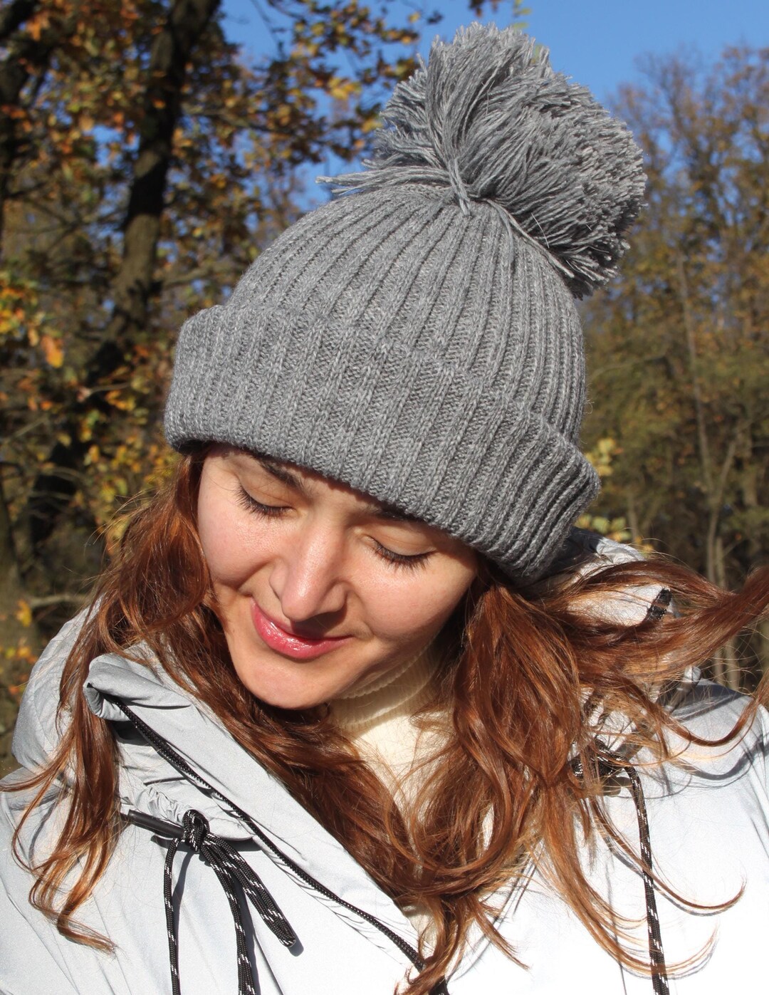 Reflective Hat in Light Grey Color With a Big Pom Pom. Unisex Winter ...