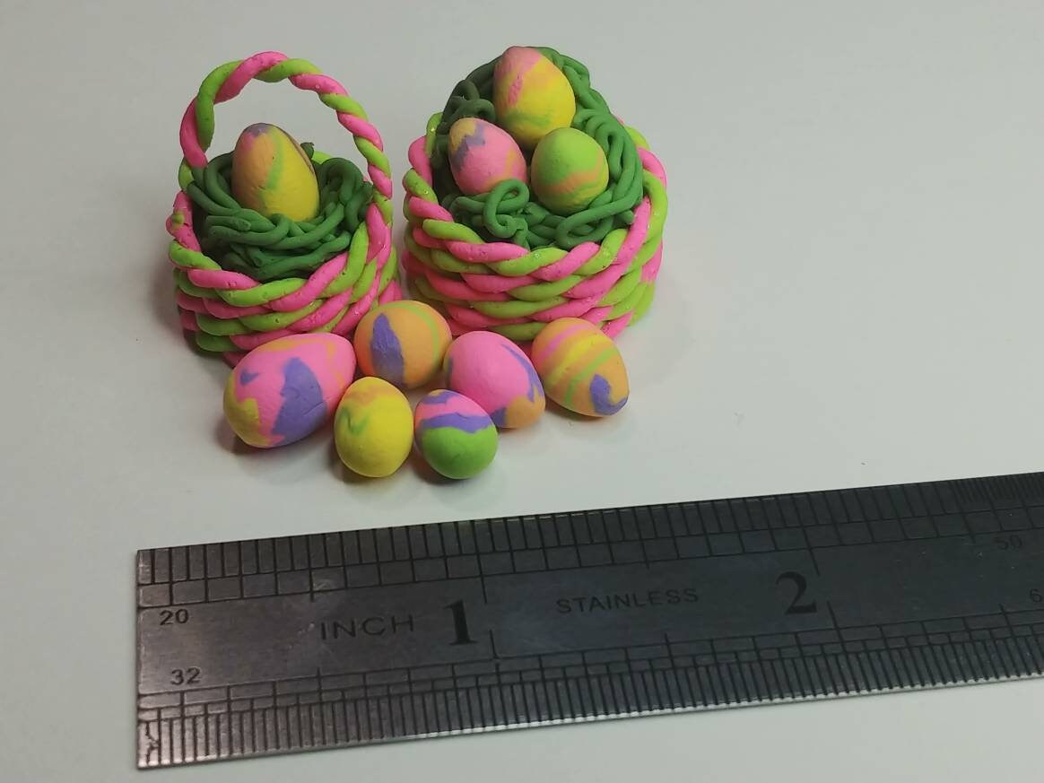 Miniature Polymer Clay Pink and Green Easter Baskets With Colorful Eggs ...