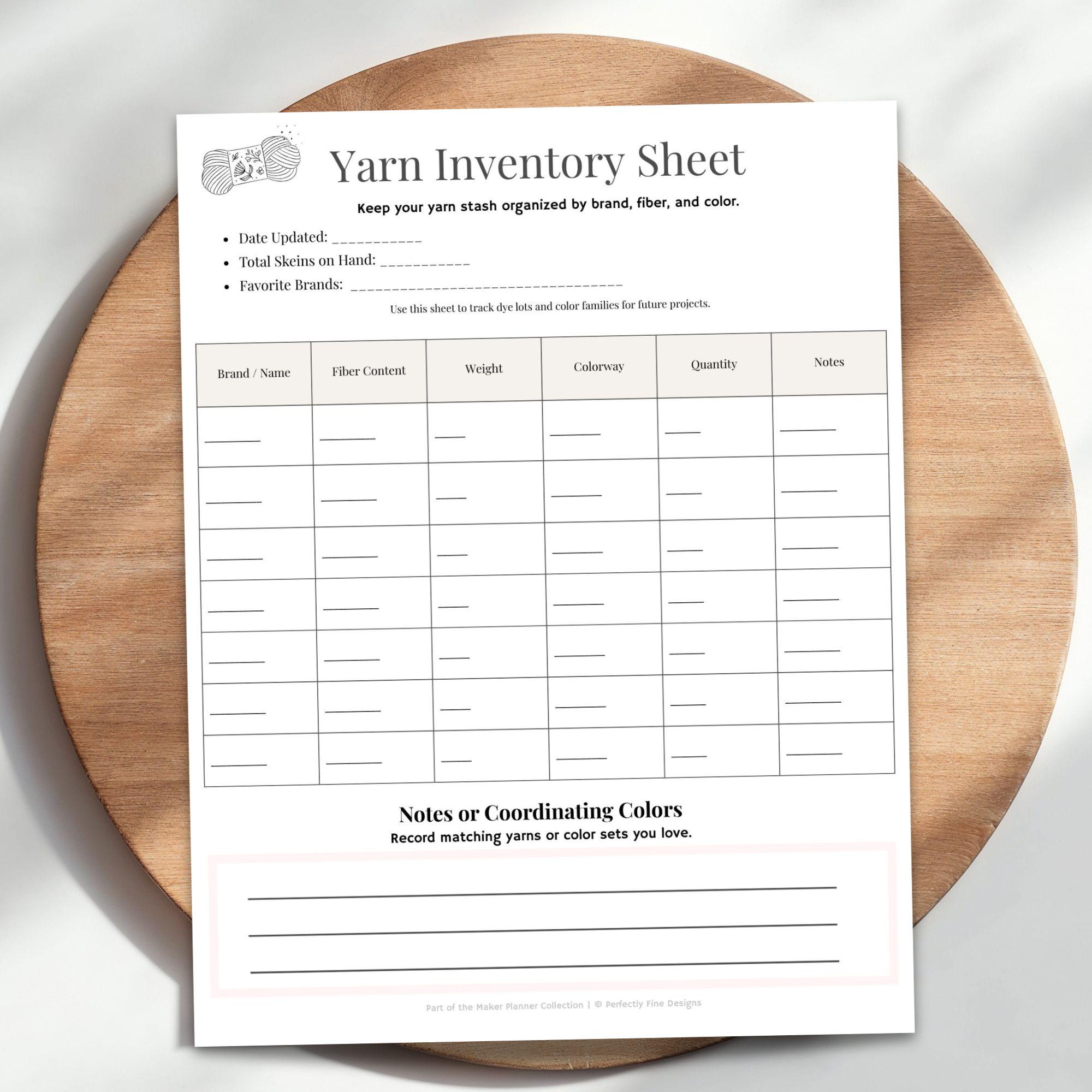 Yarn Inventory Sheet Printable | Crochet, Knit, Craft Supply Tracker ...